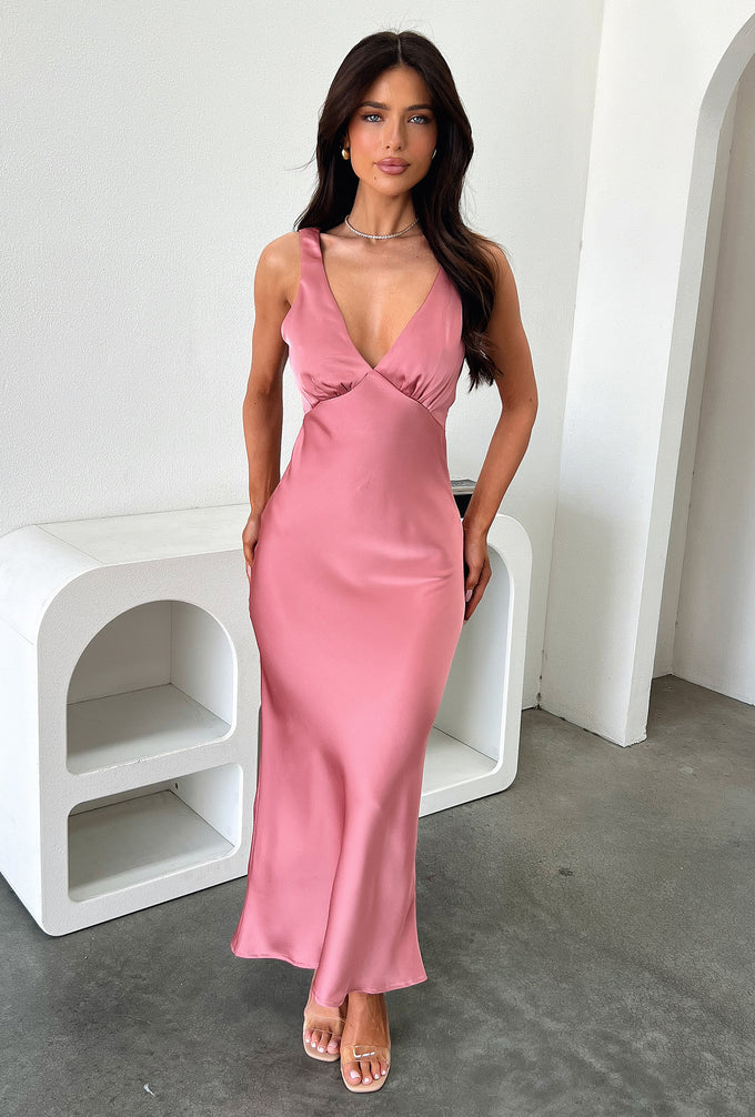Delayne V-Neck Satin Midi Dress - Rose – Thats So Fetch US