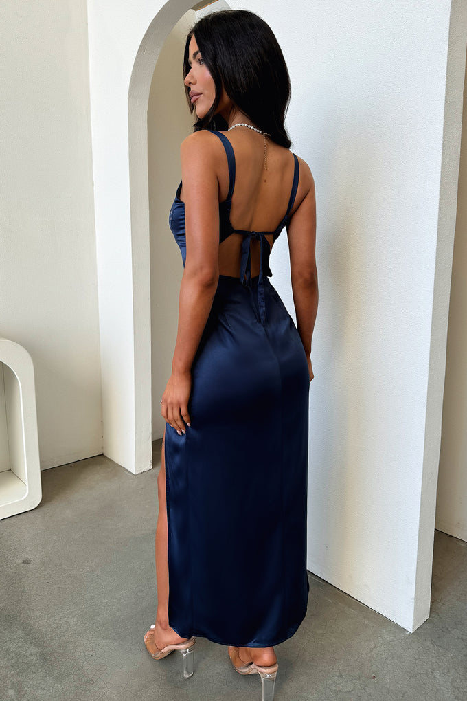 Sorrento Satin Maxi Dress - Navy – Thats So Fetch US